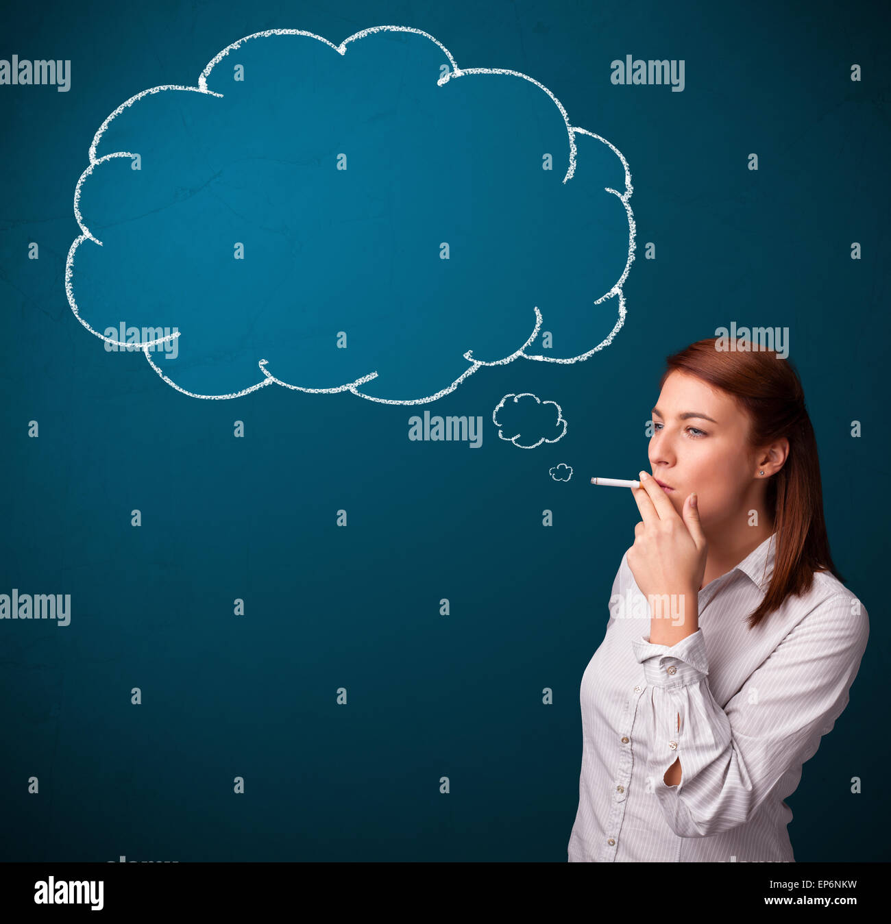 Beautiful lady smoking cigarette with idea cloud Stock Photo - Alamy