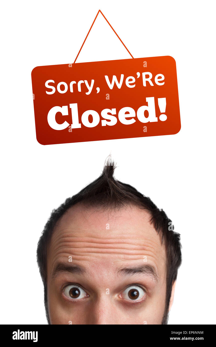 Young persons head looking at closed and open signs Stock Photo - Alamy