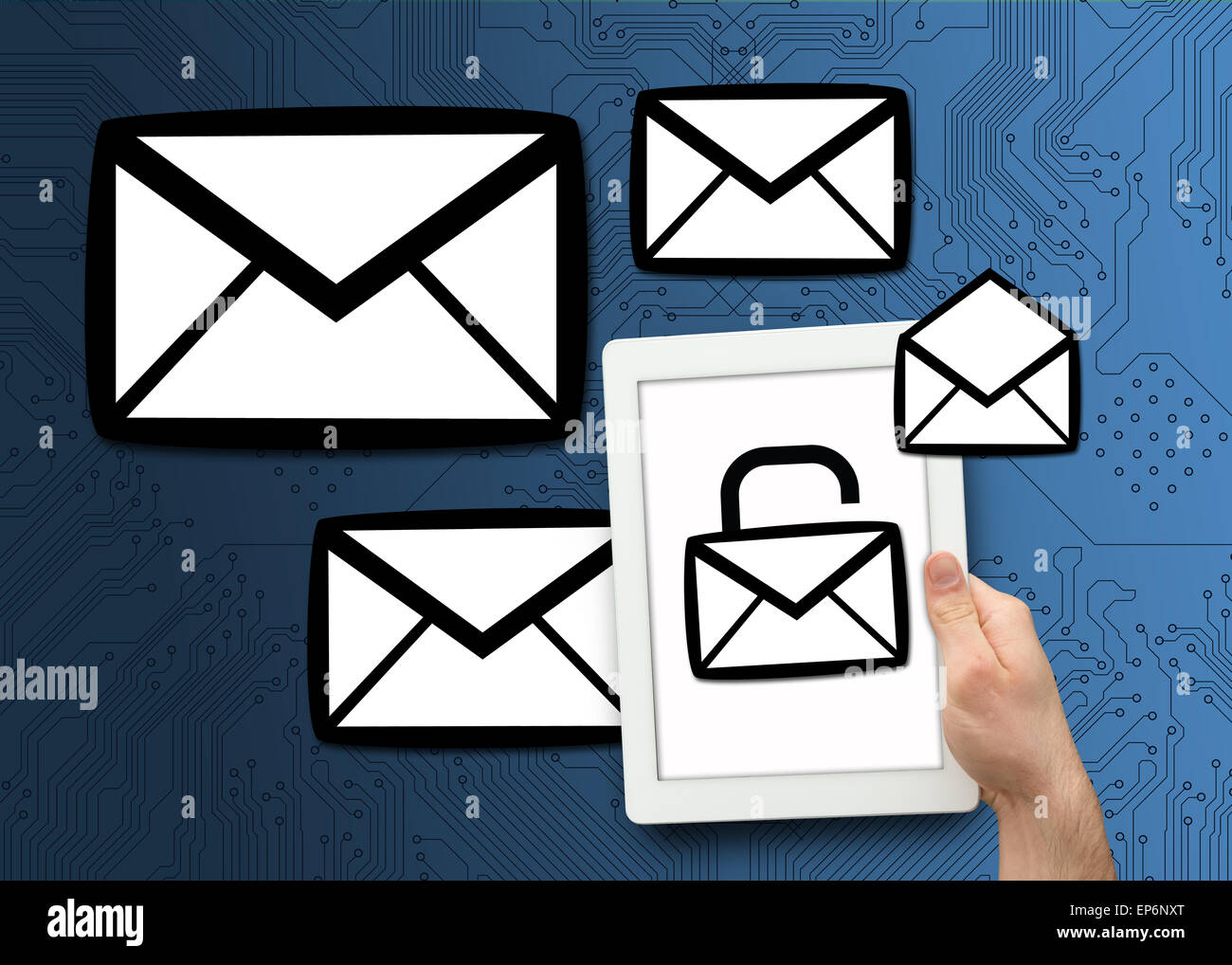 Envelope graphics with tablet pc showing lock Stock Photo - Alamy