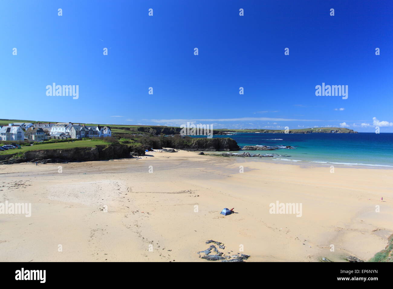 Overlooking the beach at Trevone Bay on the north coast of Cornwall in ...