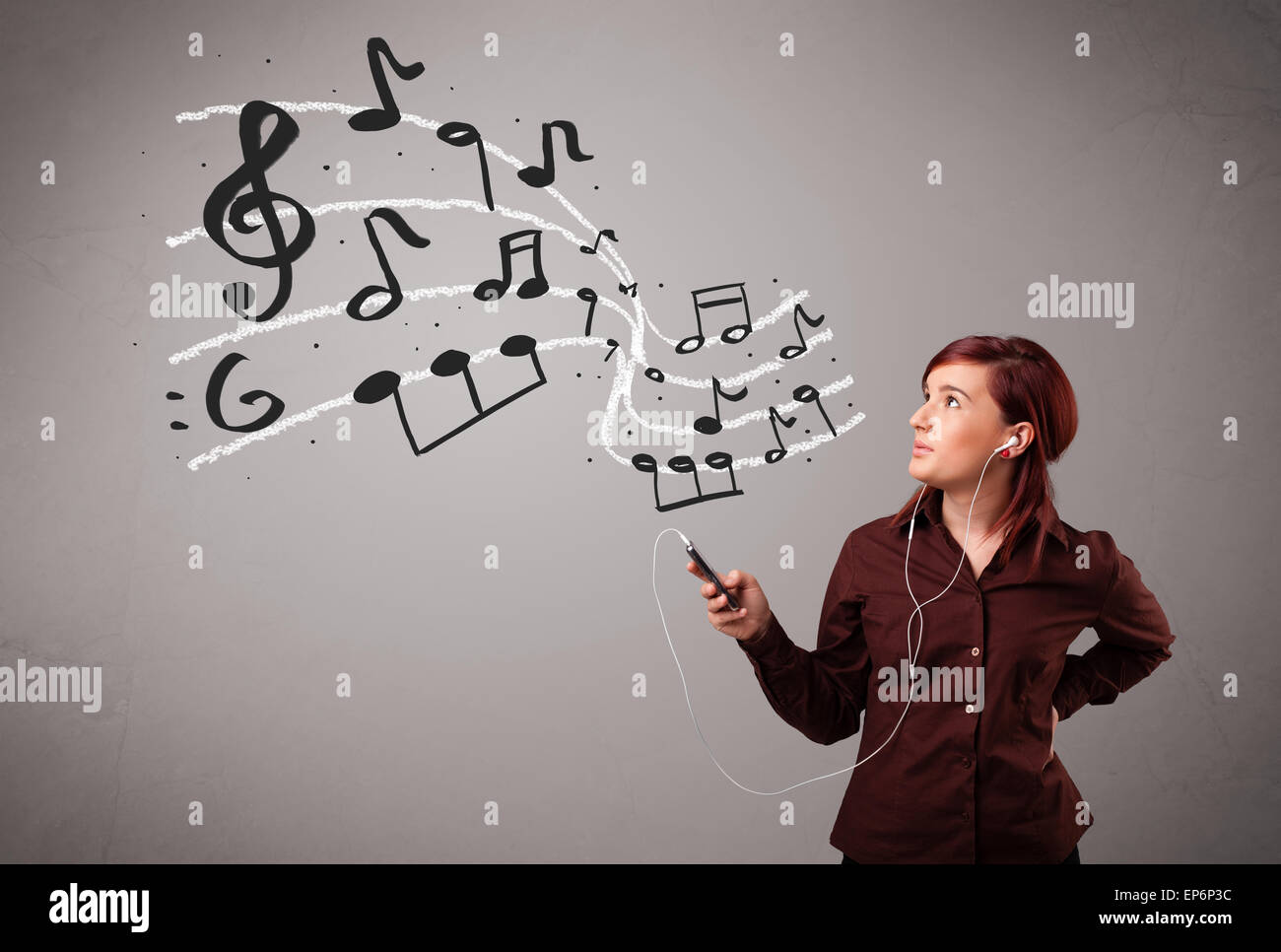 attractive young lady singing and listening to music with musical notes ...