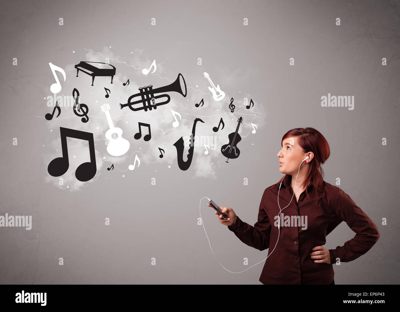 Beautiful young woman singing and listening to music with musical notes ...