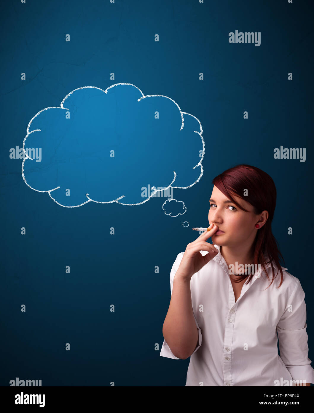 Beautiful lady smoking cigarette with idea cloud Stock Photo - Alamy