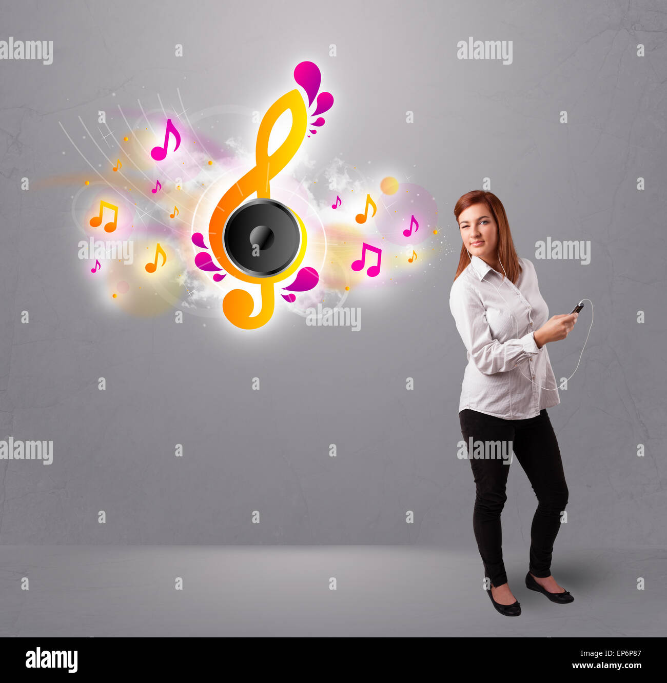 pretty girl singing and listening to music with musical notes Stock ...