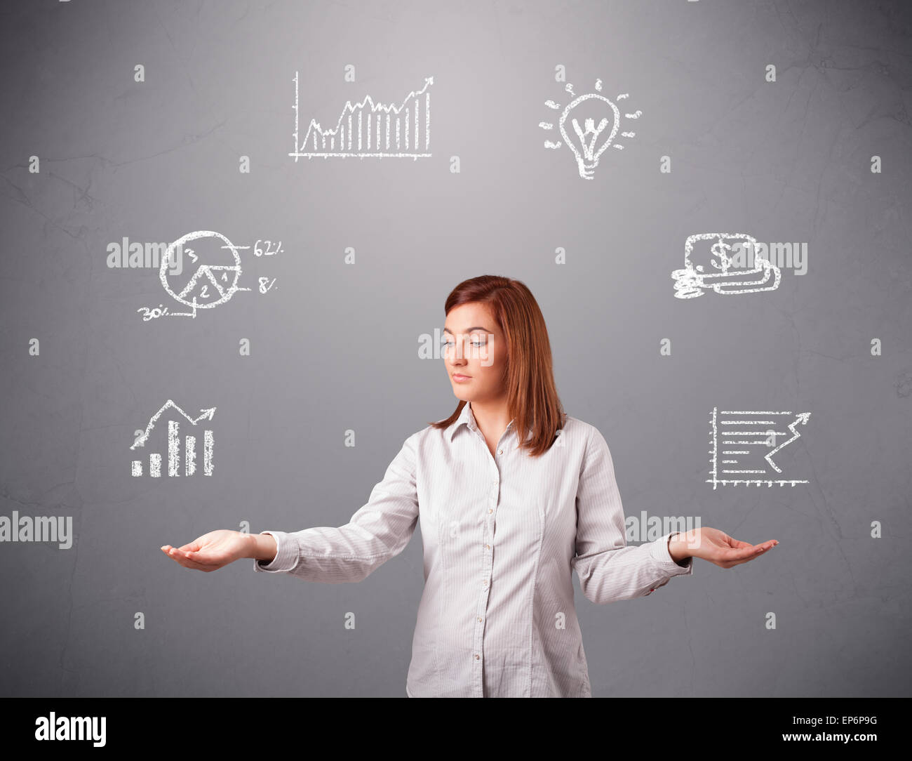 beautiful young woman juggling with statistics and graphs Stock Photo ...