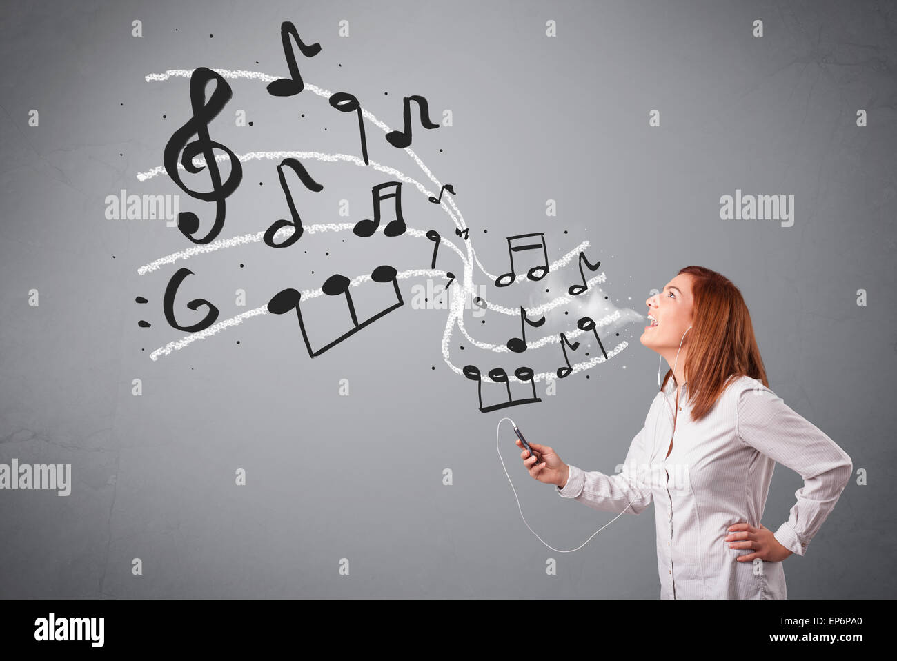 attractive young lady singing and listening to music with musical notes ...