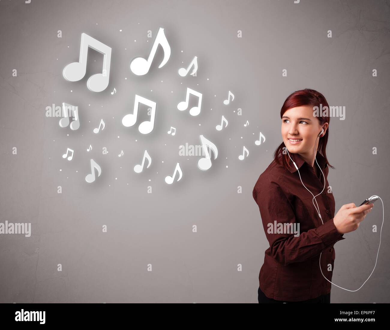 Pretty young woman singing and listening to music with musical notes ...