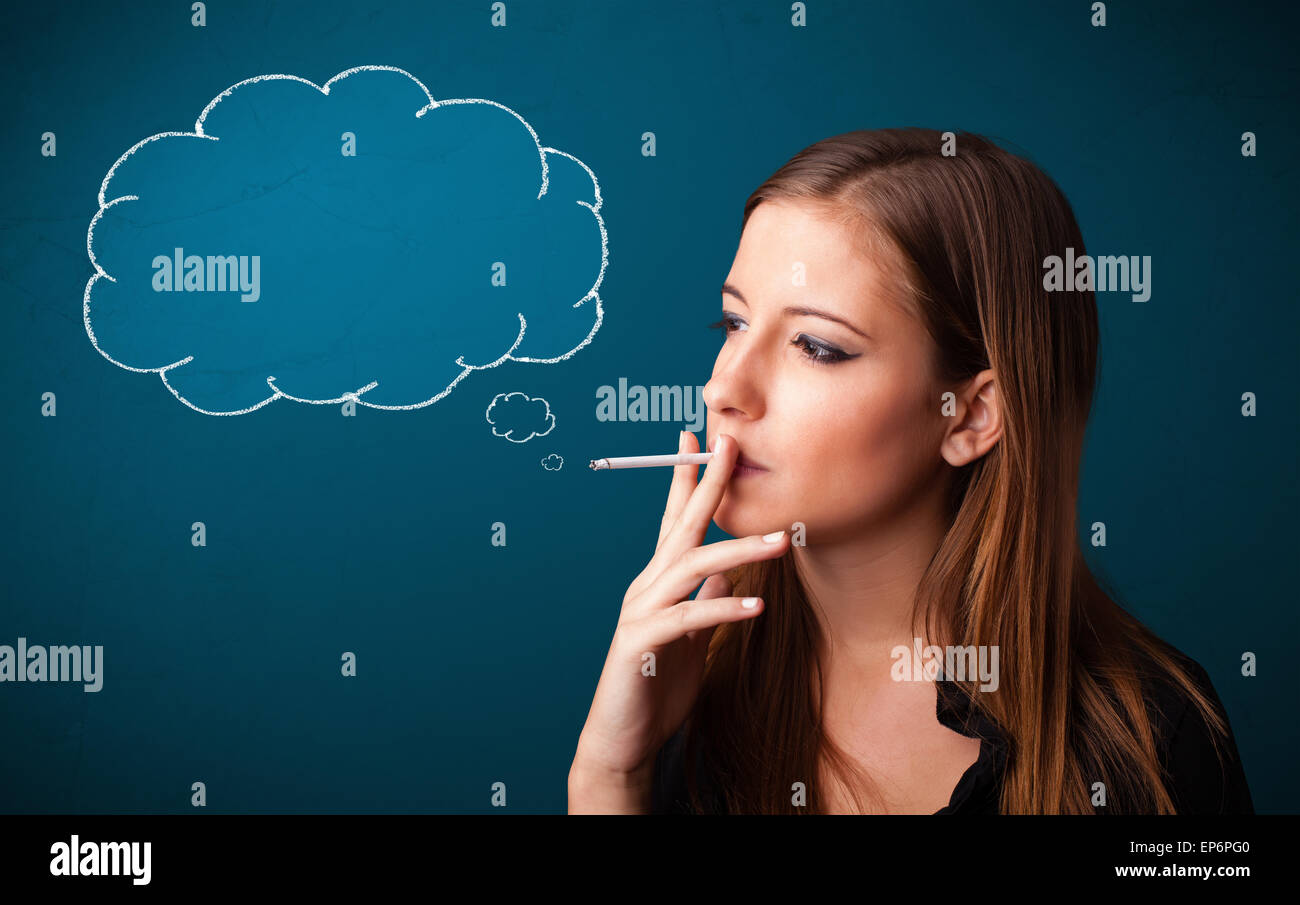 Beautiful lady smoking cigarette with idea cloud Stock Photo - Alamy