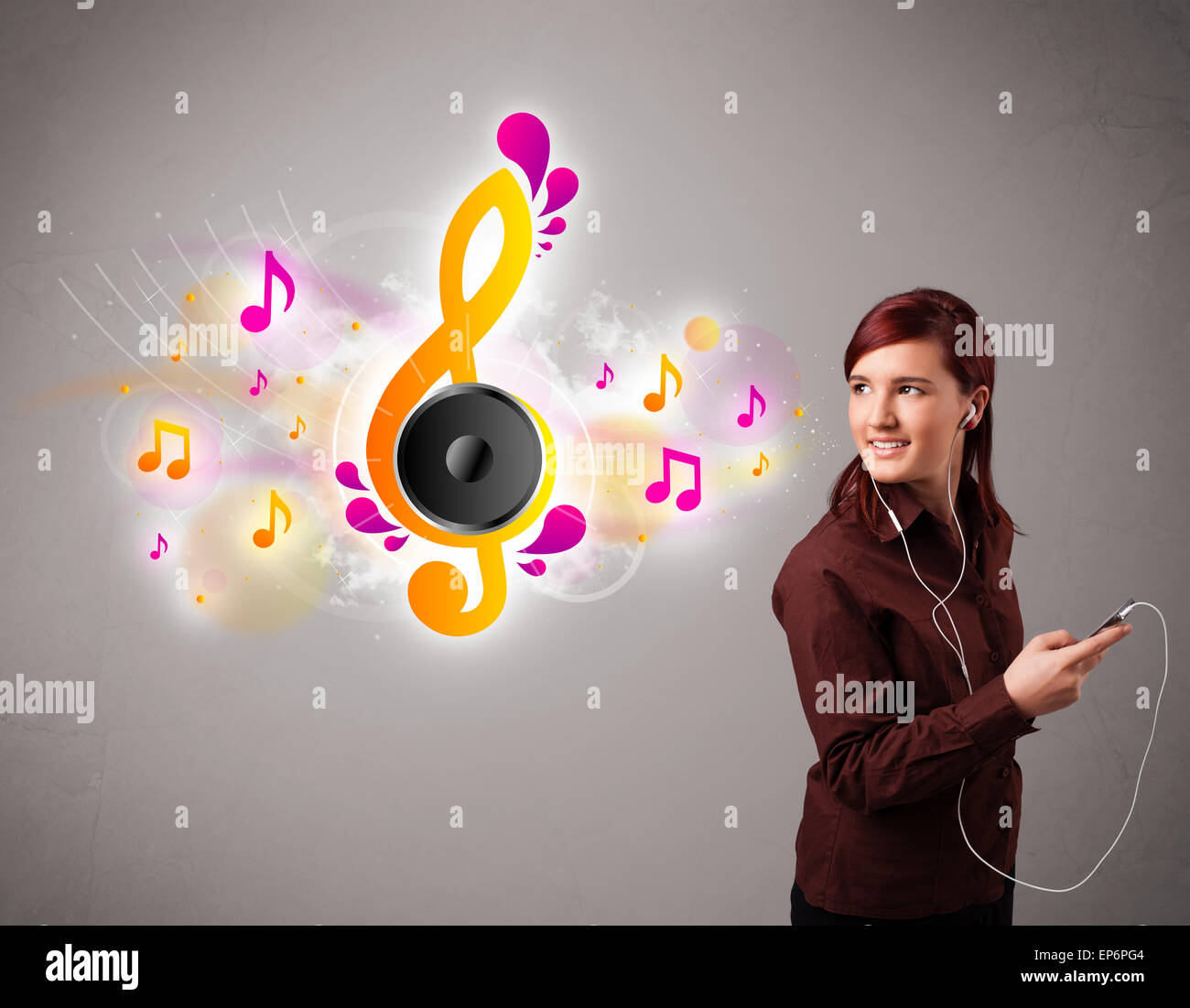 pretty girl singing and listening to music with musical notes Stock ...