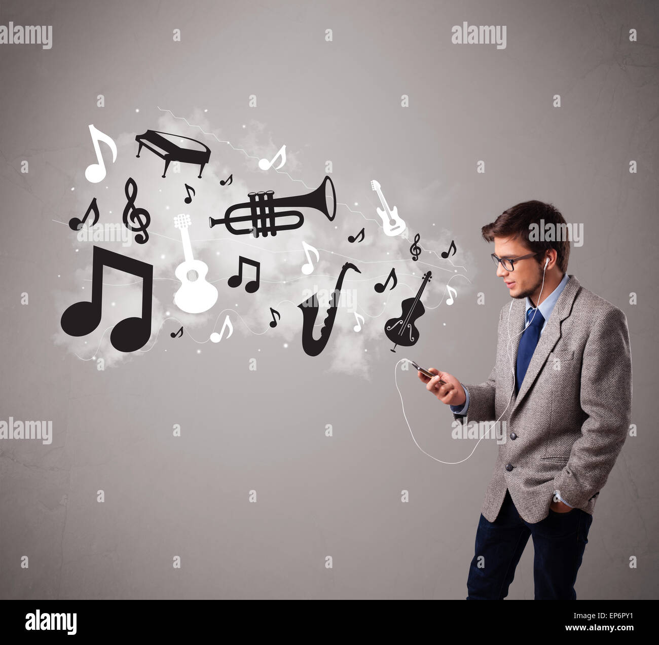 attractive young man singing and listening to music with musical notes ...