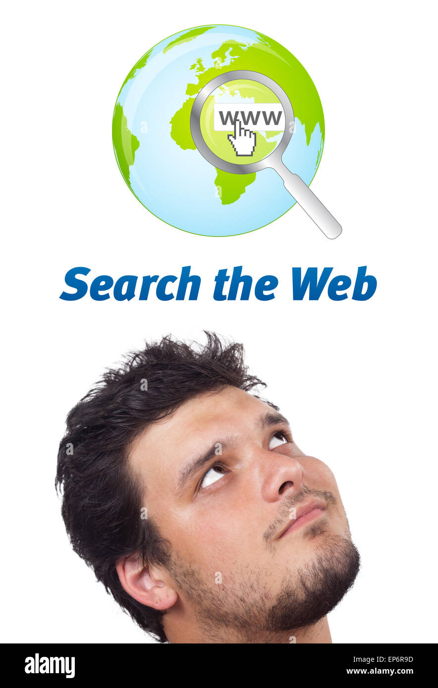 Young head looking at internet type of icons Stock Photo - Alamy