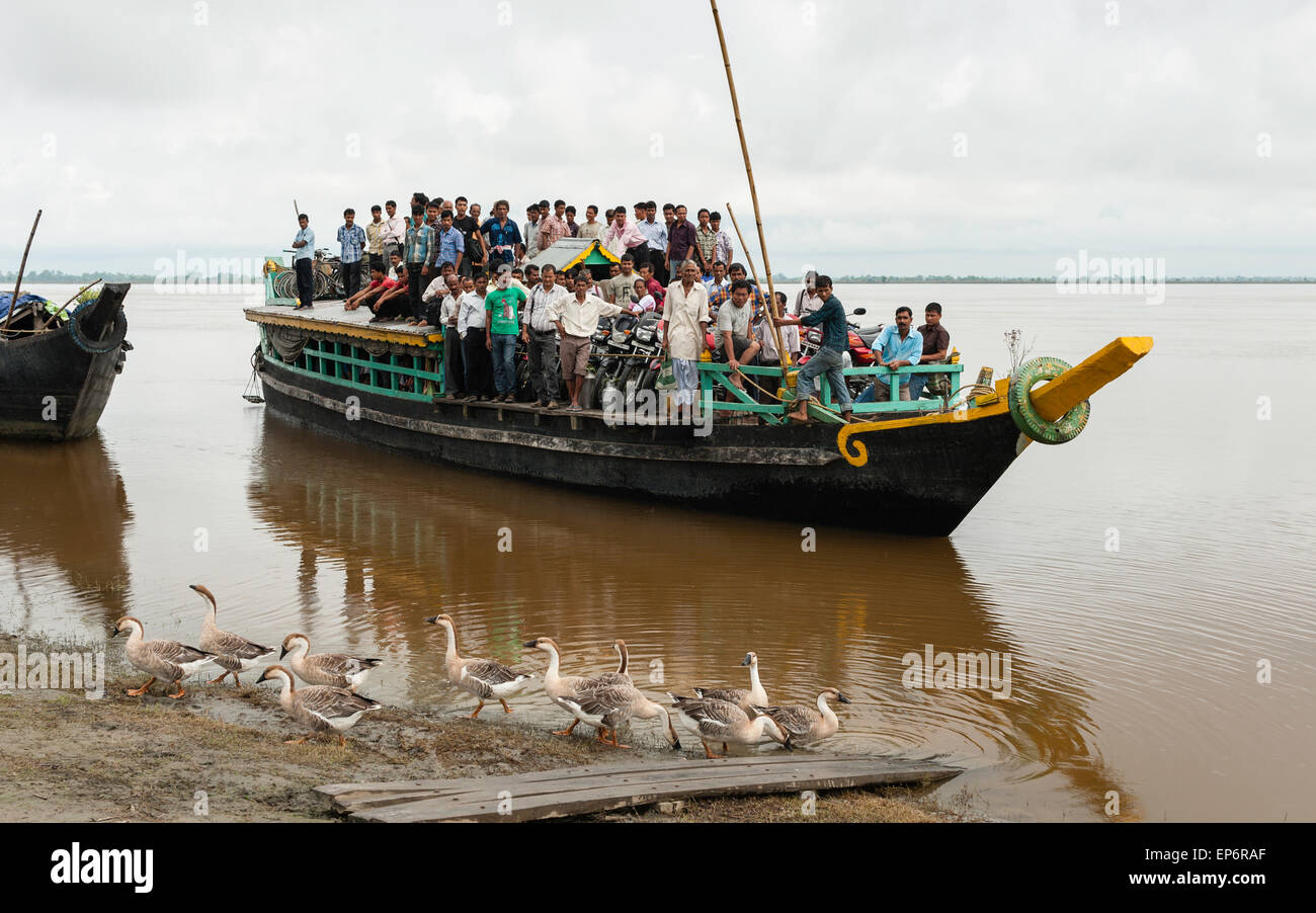 Overcrowded public ferry arrives at Nimati Ghat from Majuli Island ...