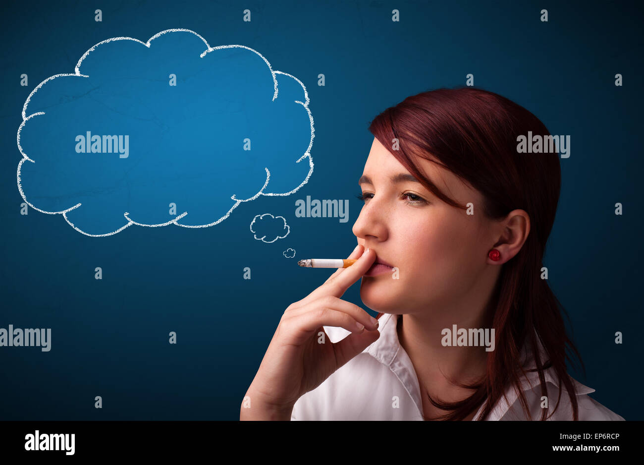 Beautiful lady smoking cigarette with idea cloud Stock Photo - Alamy