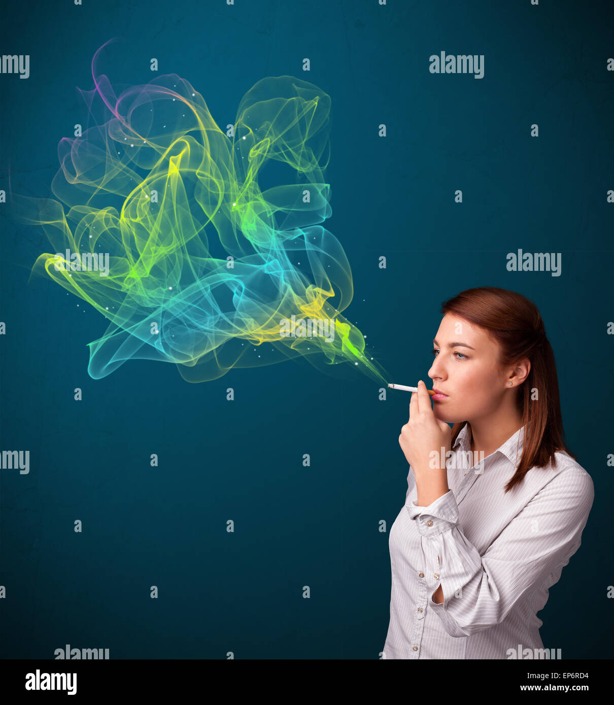 Pretty lady smoking cigarette with colorful smoke Stock Photo - Alamy