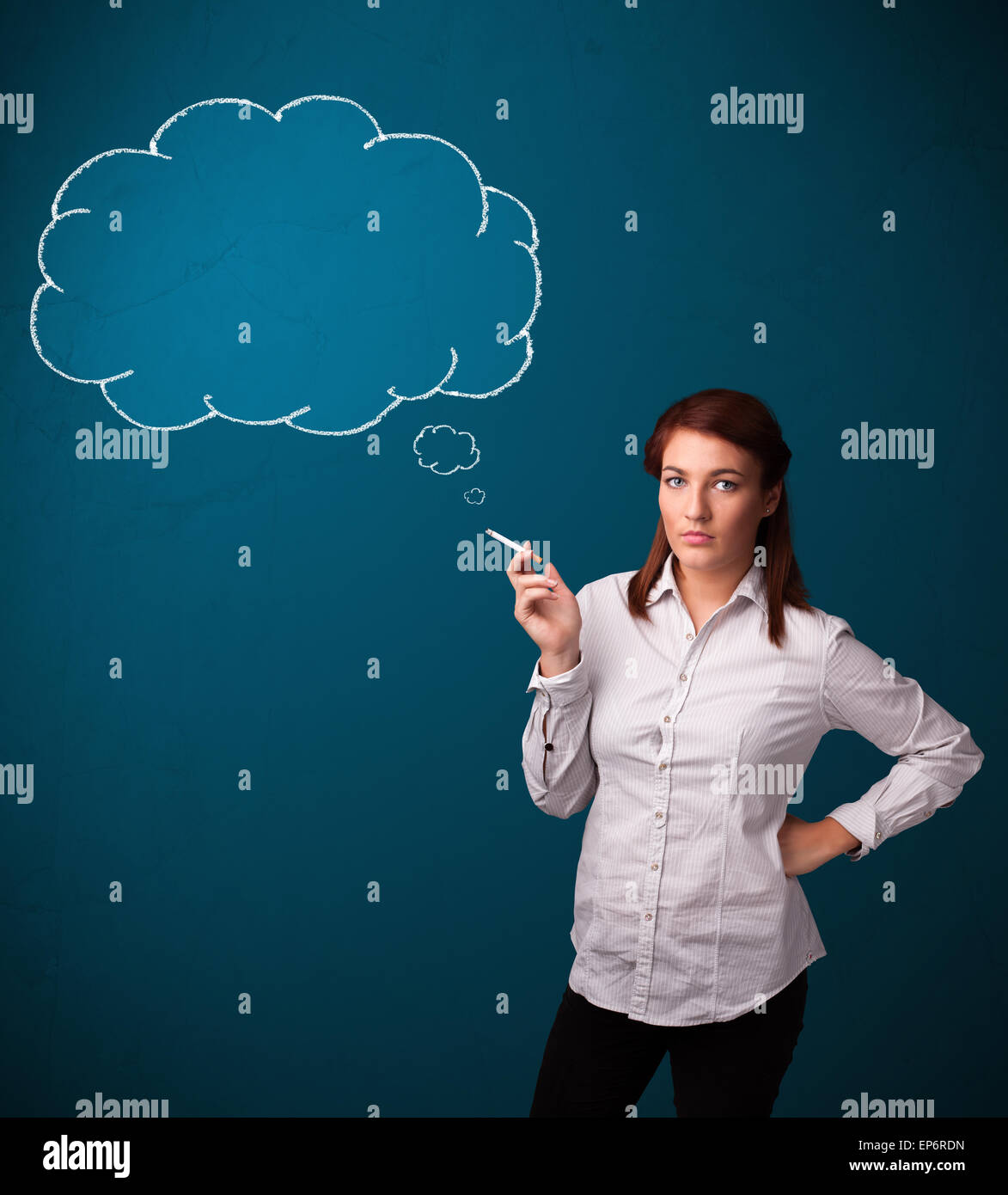 Beautiful lady smoking cigarette with idea cloud Stock Photo - Alamy