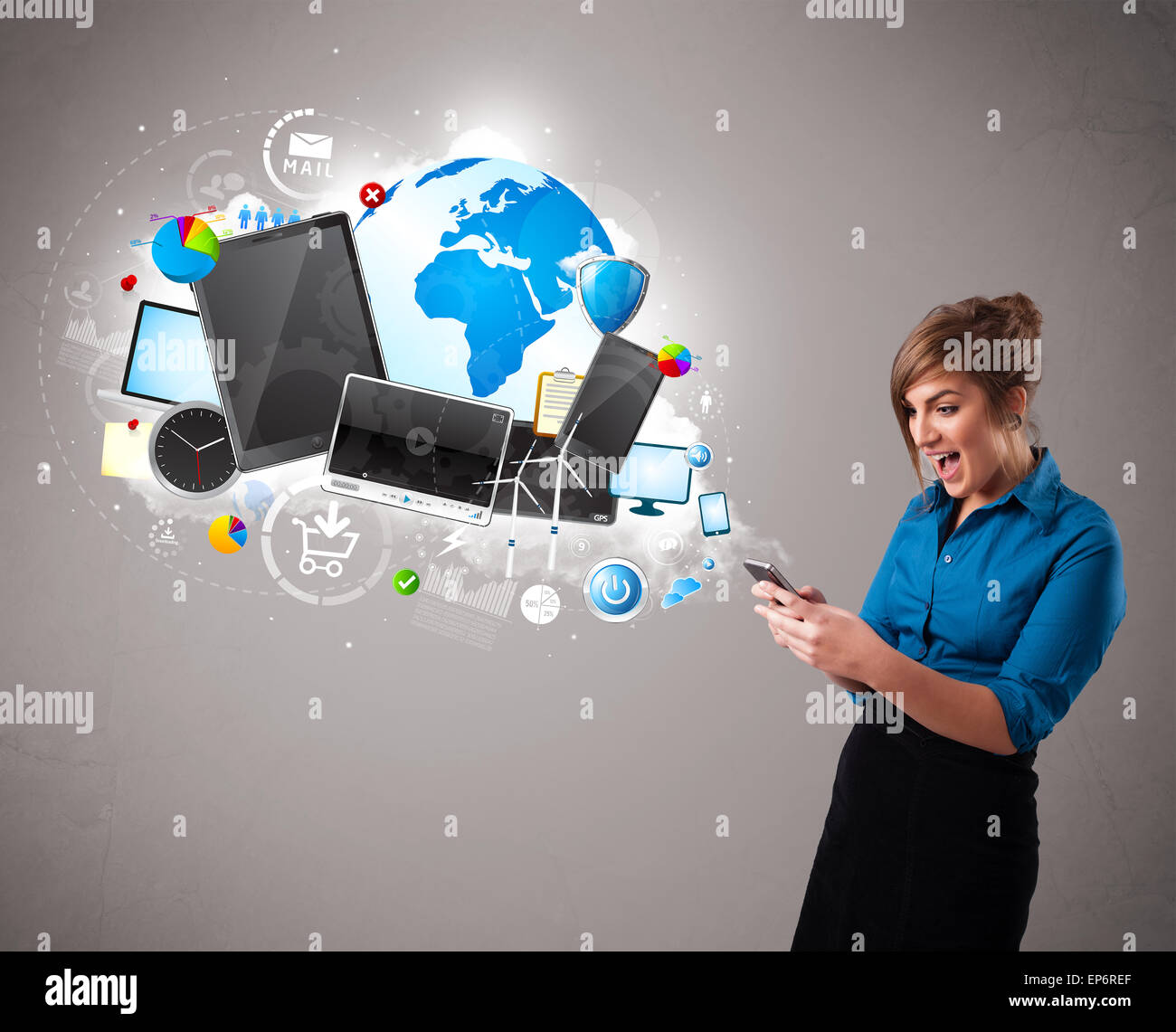 young woman standing and browsing on her phone Stock Photo - Alamy