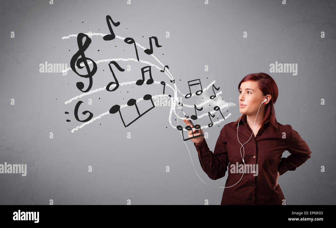 attractive young lady singing and listening to music with musical notes ...