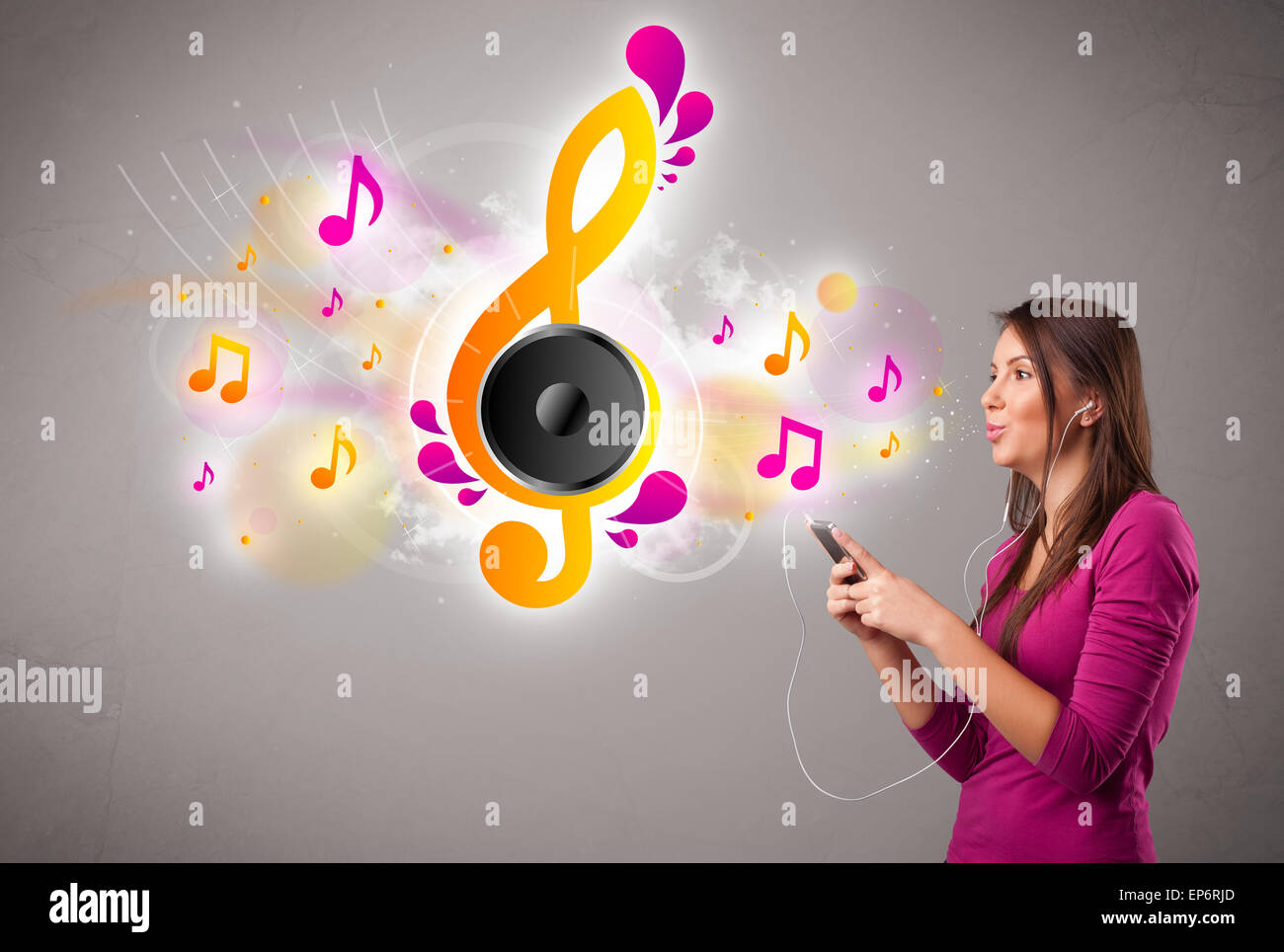 pretty girl singing and listening to music with musical notes Stock ...