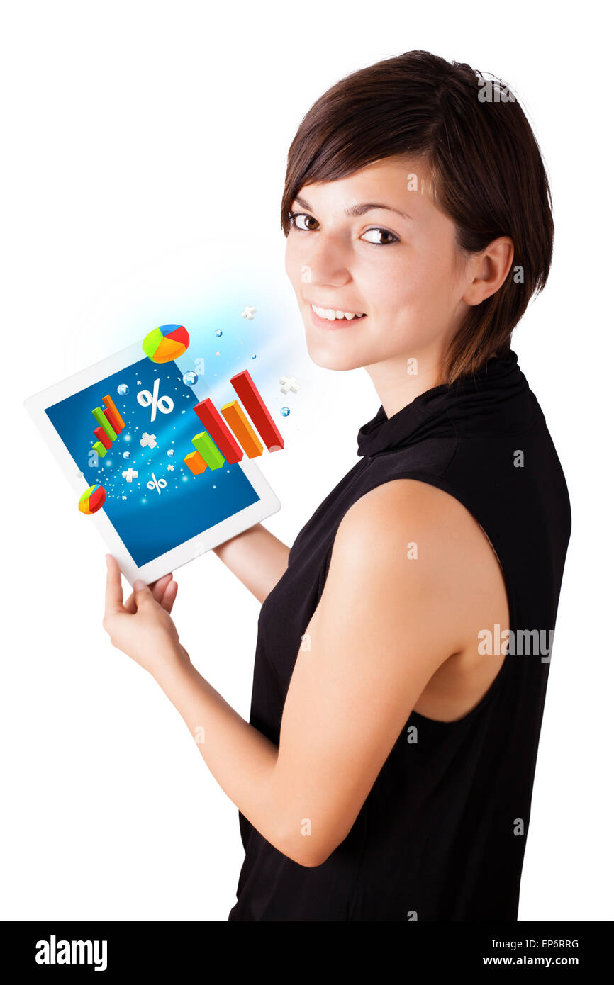 Young woman looking at modern tablet with colourful diagrams Stock ...