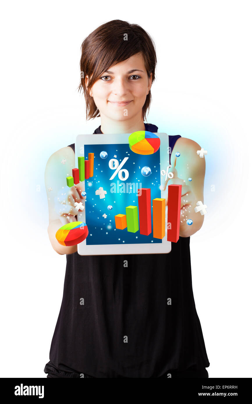 Young woman looking at modern tablet with colourful diagrams Stock ...