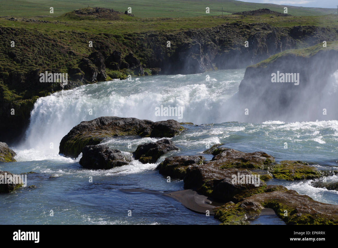 Waterfall,Iceland,Rocks,grass,banks,whitewater,Waterfall as river runs ...