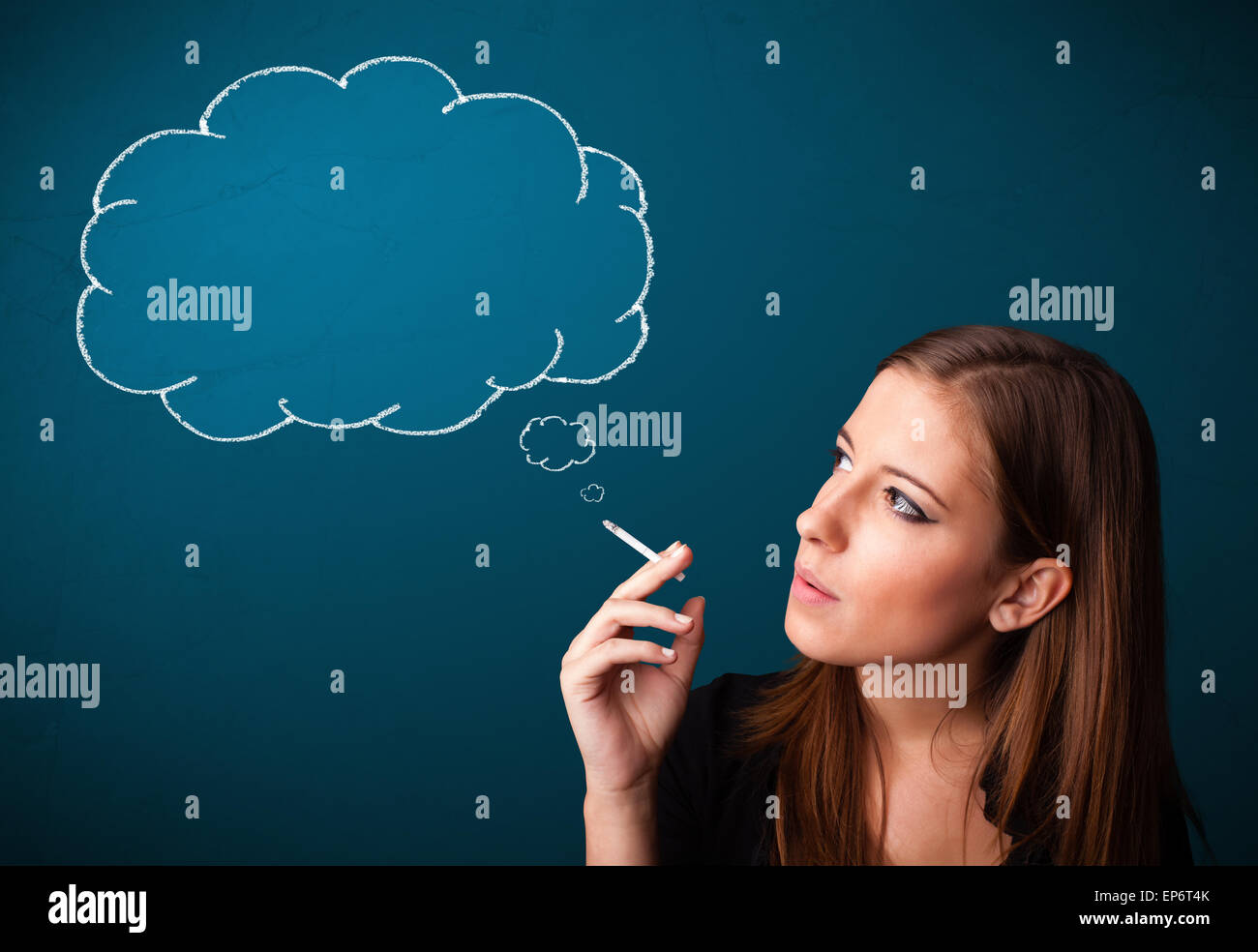 Beautiful lady smoking cigarette with idea cloud Stock Photo - Alamy