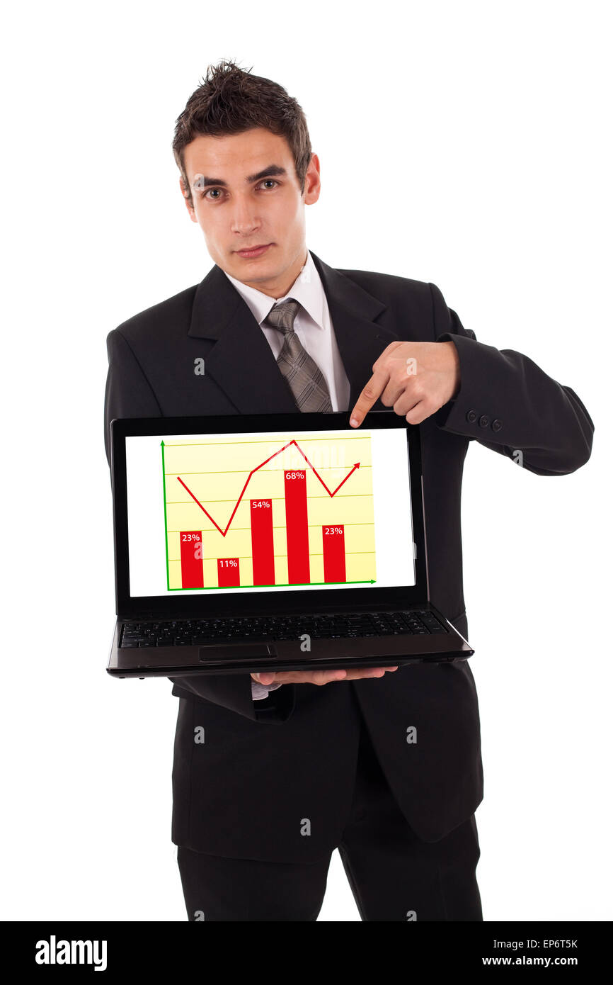 Business man pointing at a laptop computer with diagram Stock Photo - Alamy