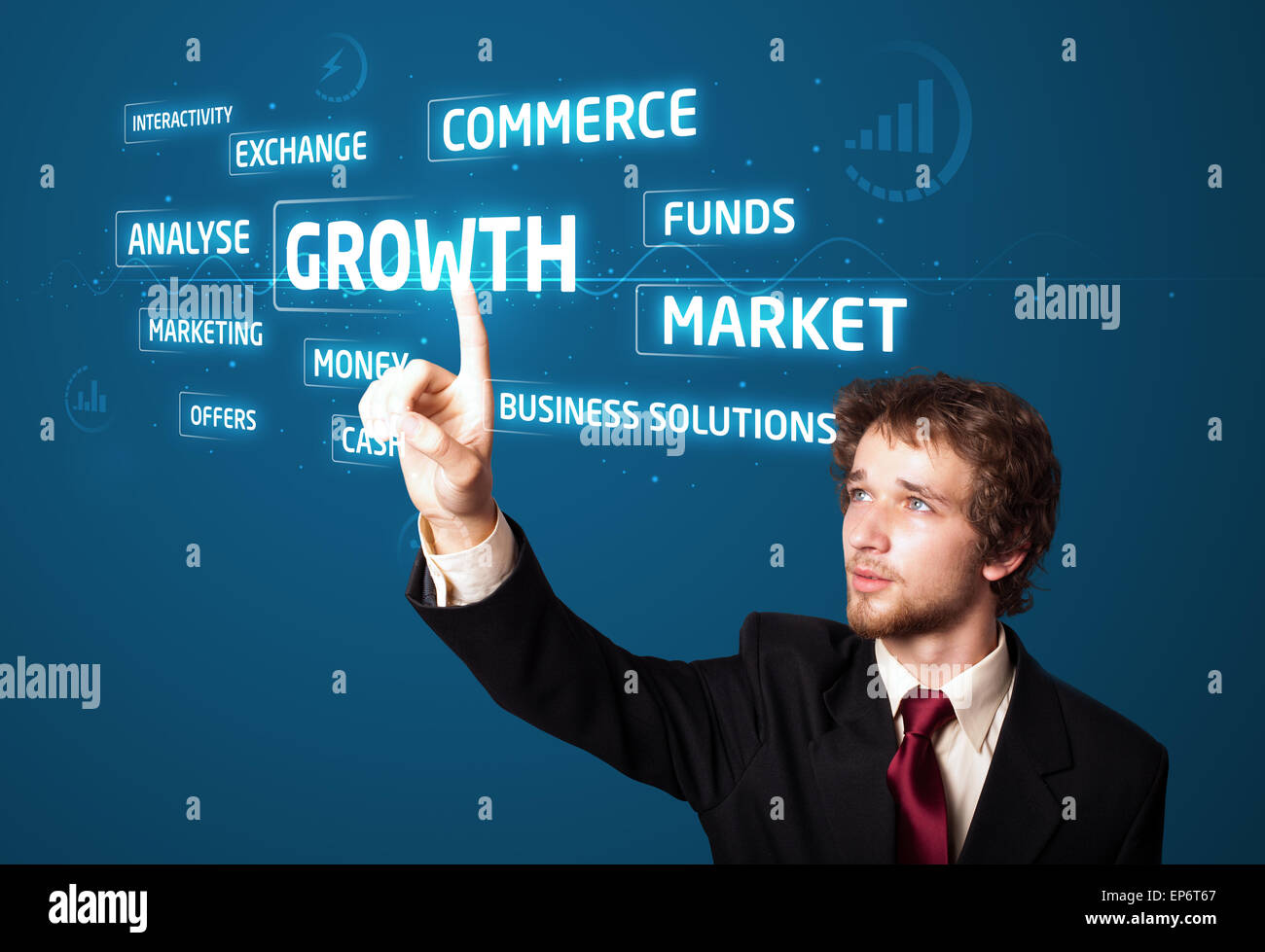 Businessman pressing modern business type of buttons Stock Photo - Alamy