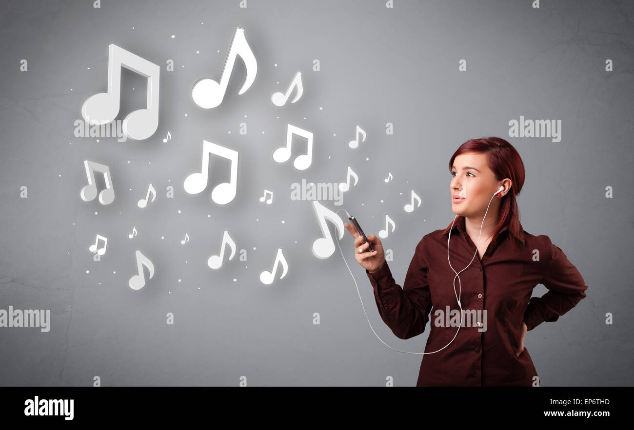 Pretty young woman singing and listening to music with musical notes ...