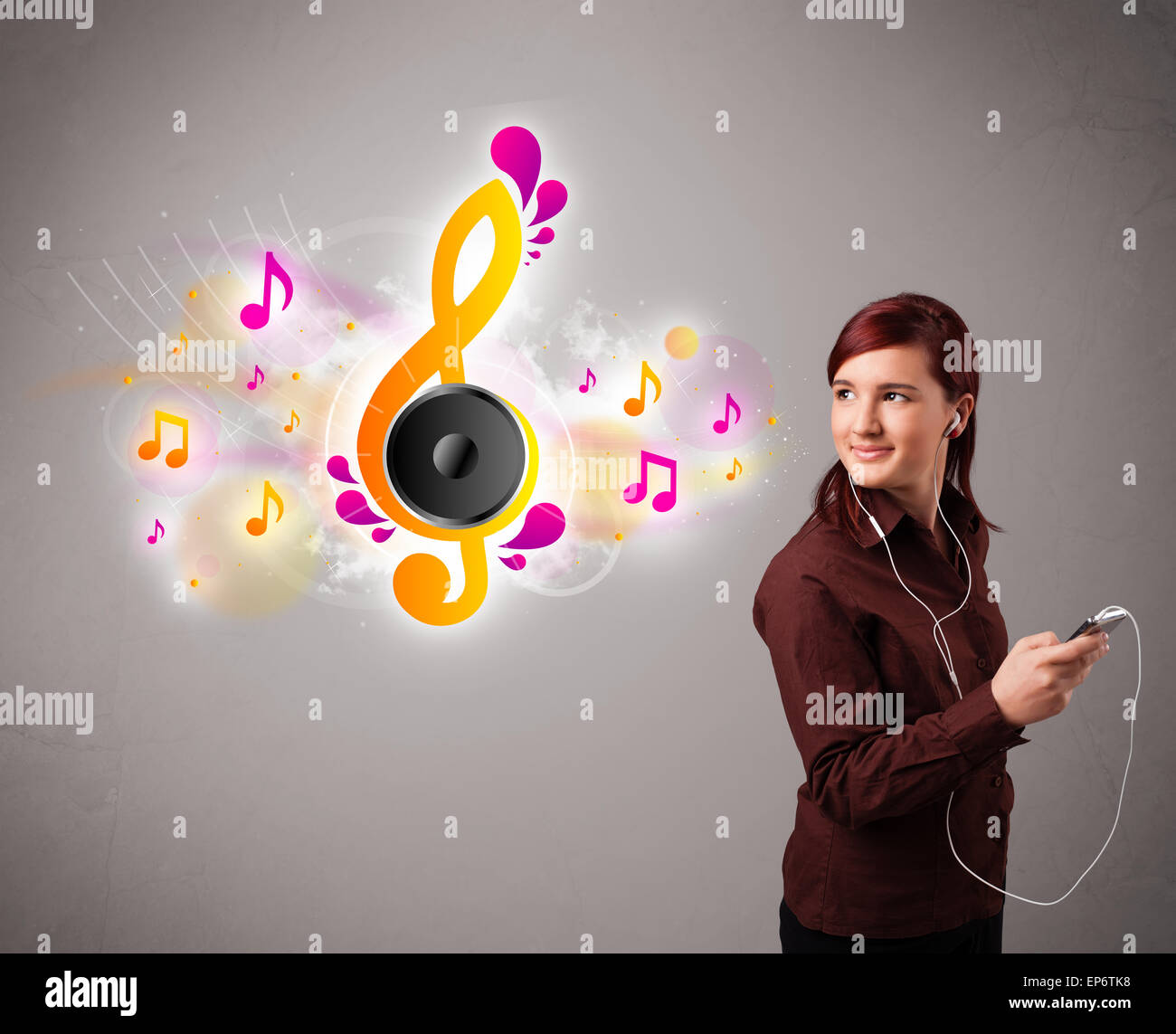 pretty girl singing and listening to music with musical notes Stock ...