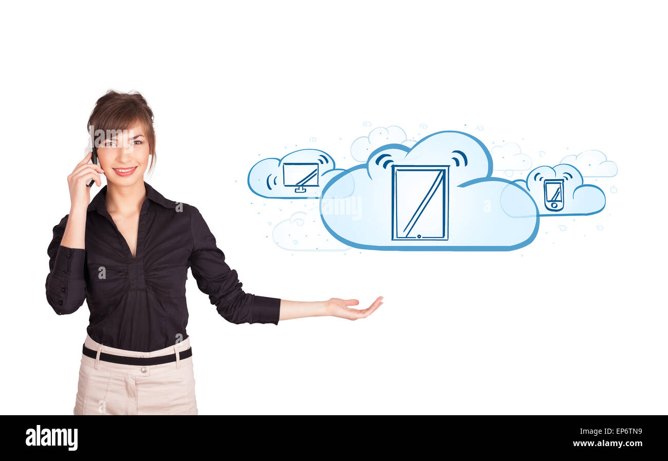 young woman presenting modern devices in clouds Stock Photo - Alamy