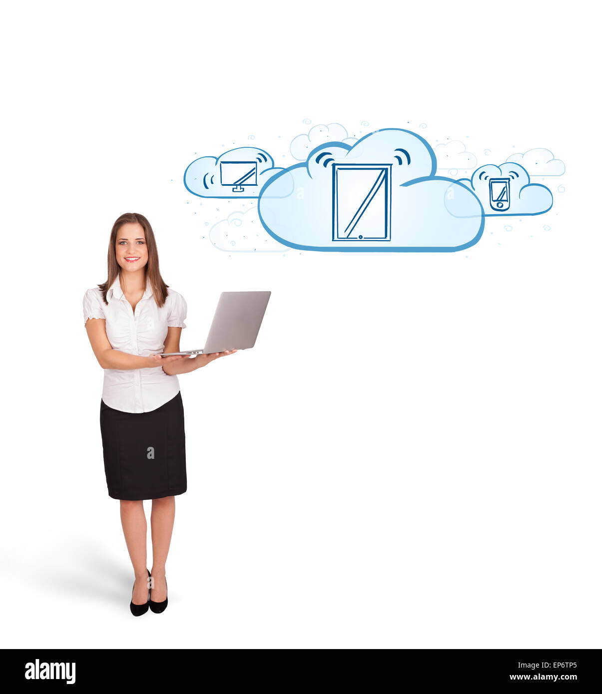 young woman presenting modern devices in clouds Stock Photo - Alamy