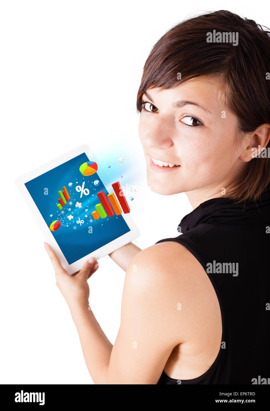 Young woman looking at modern tablet with colourful diagrams Stock ...