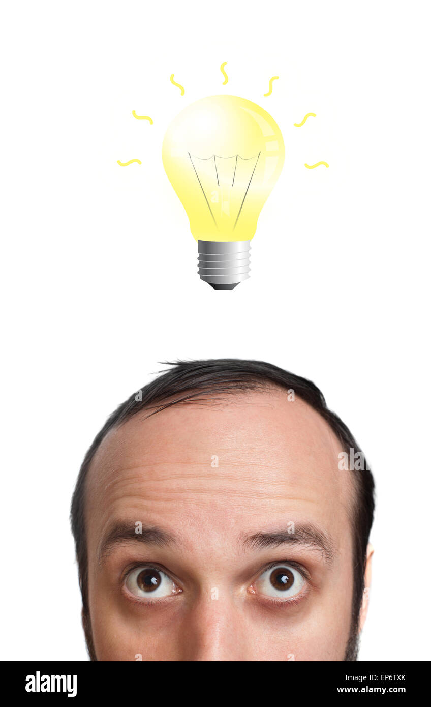 Funny young man with light bulb over his head 2 Stock Photo - Alamy