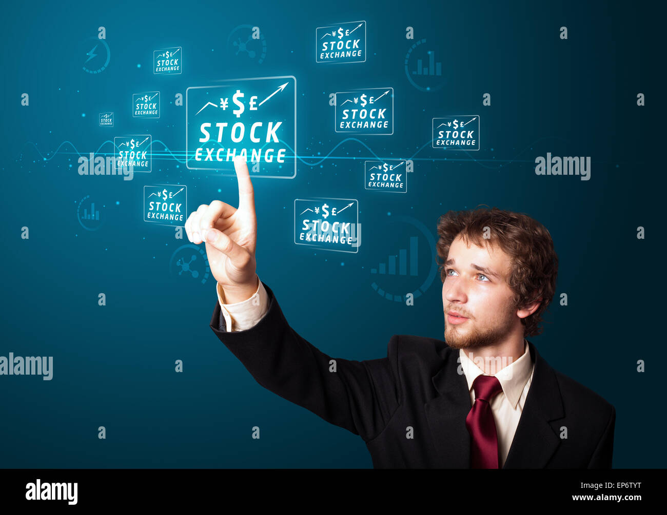 Businessman pressing modern business type of buttons Stock Photo - Alamy