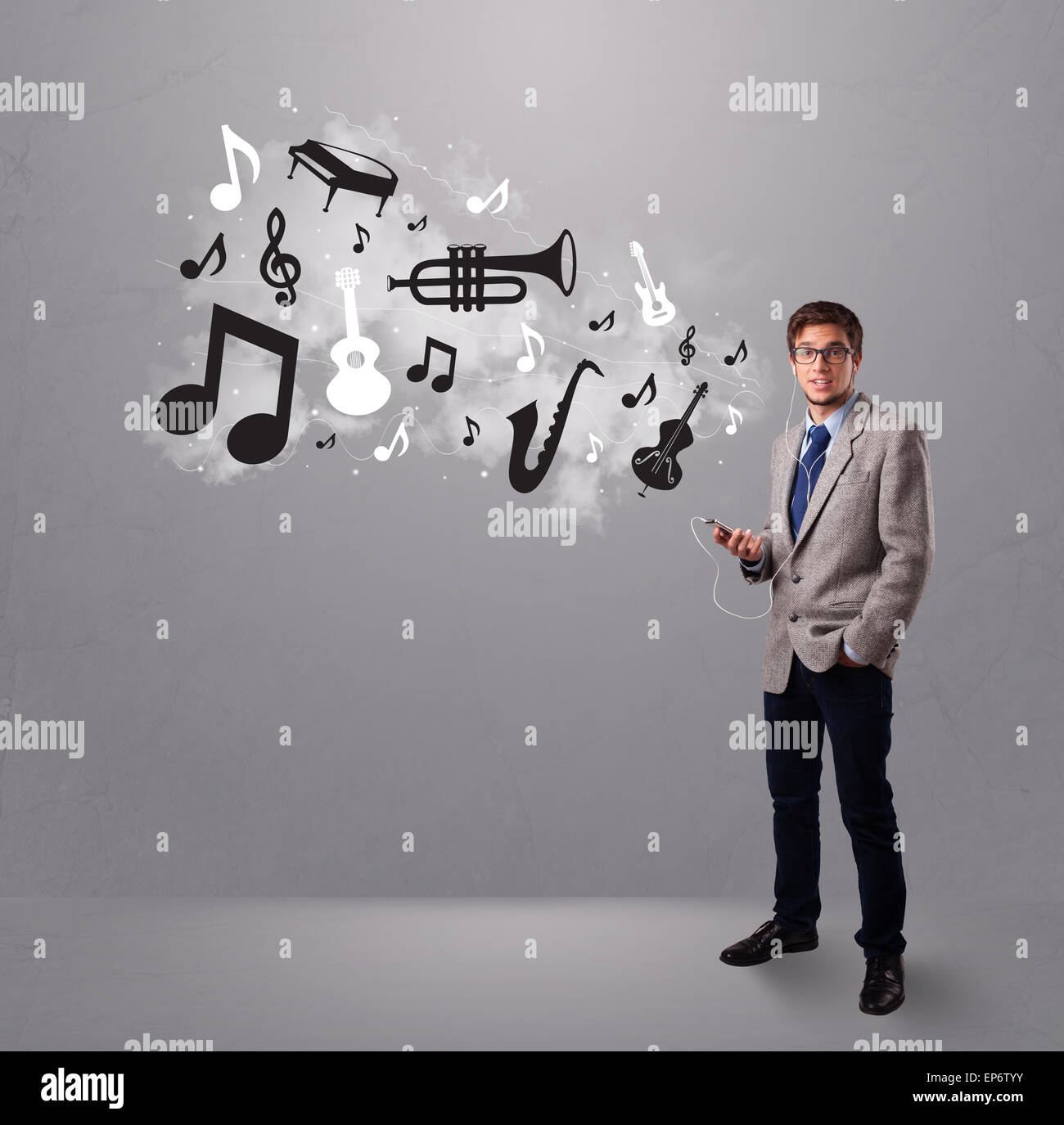 attractive young man singing and listening to music with musical notes ...