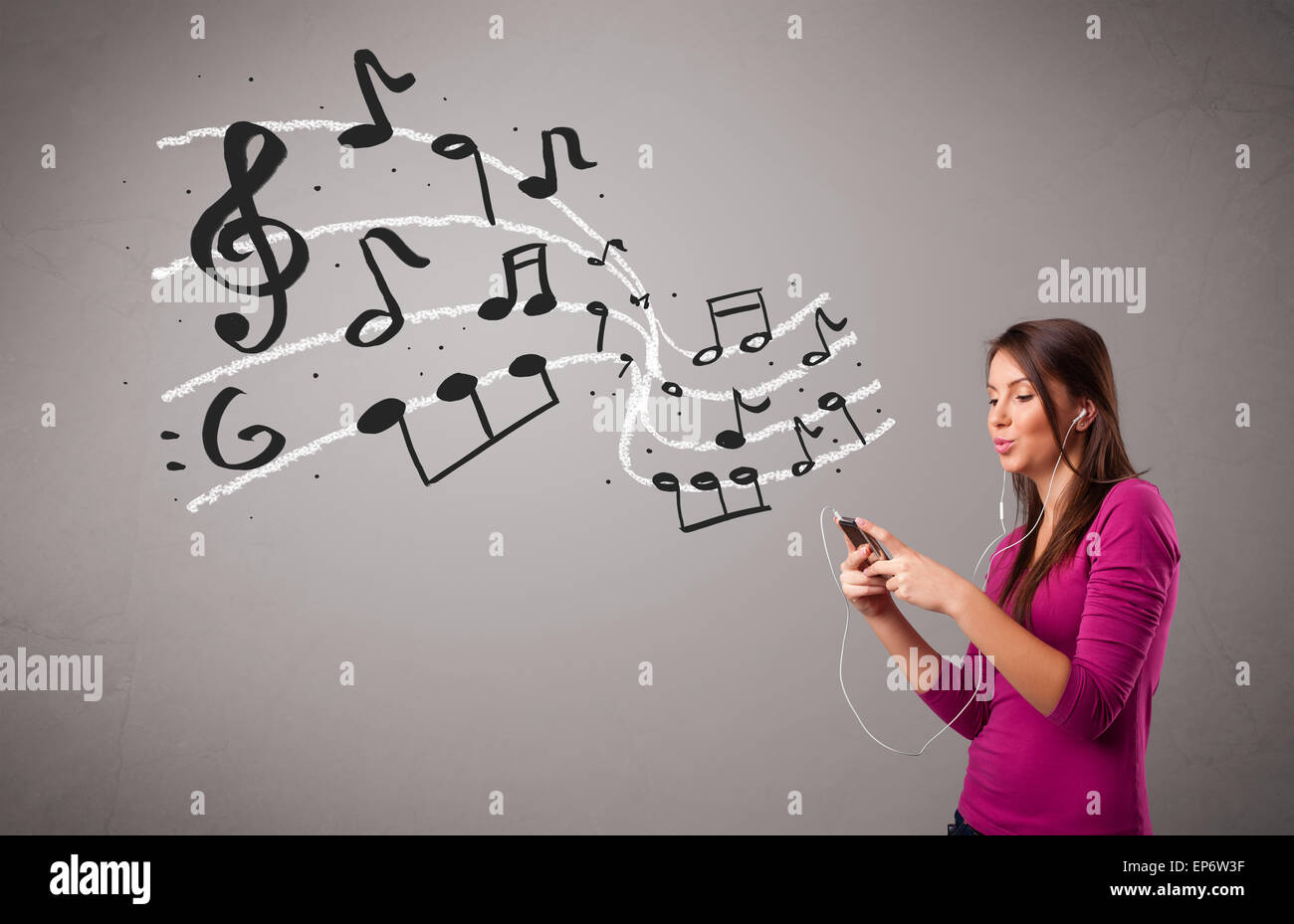 attractive young lady singing and listening to music with musical notes ...