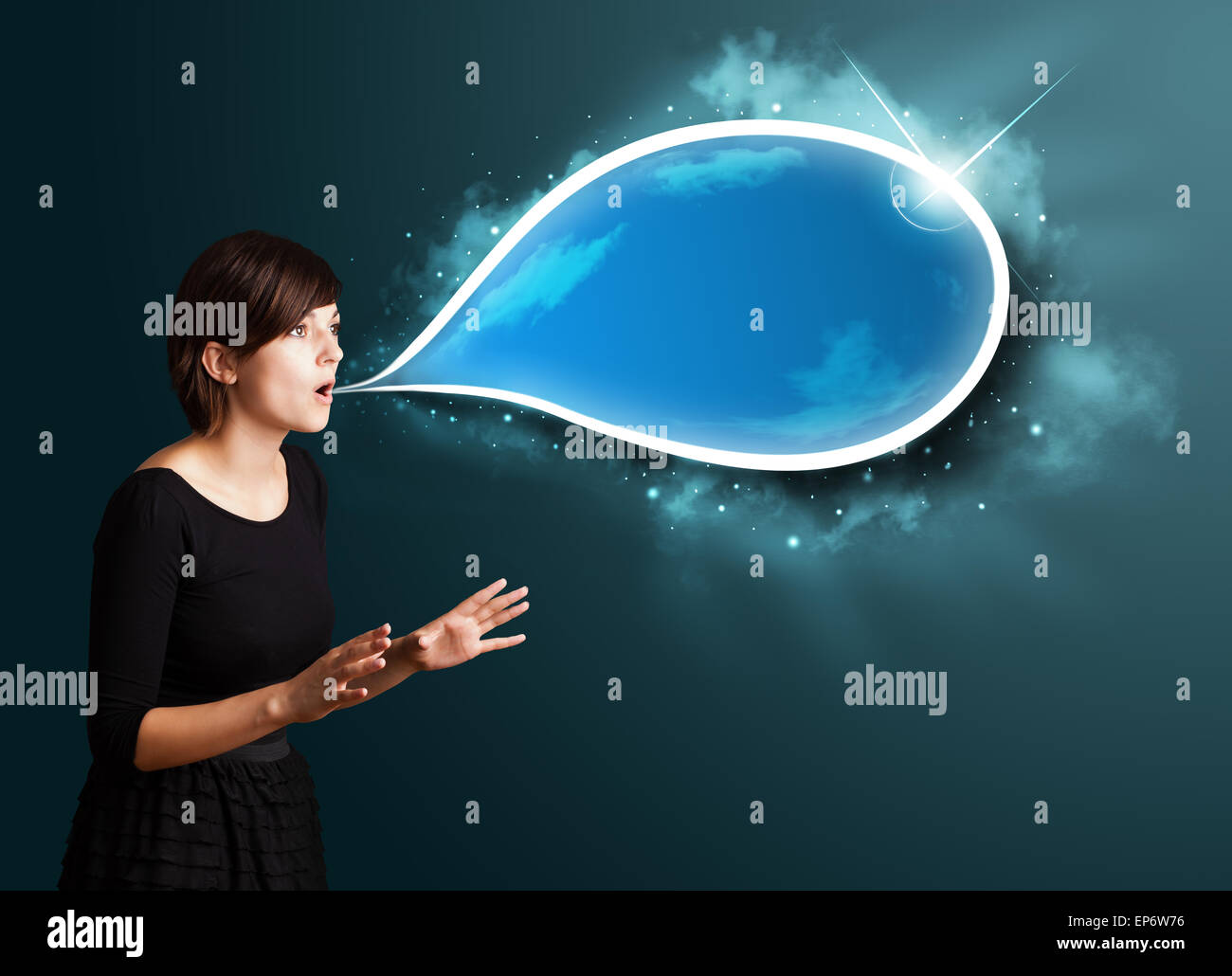 Young woman with modern speech bubble Stock Photo - Alamy