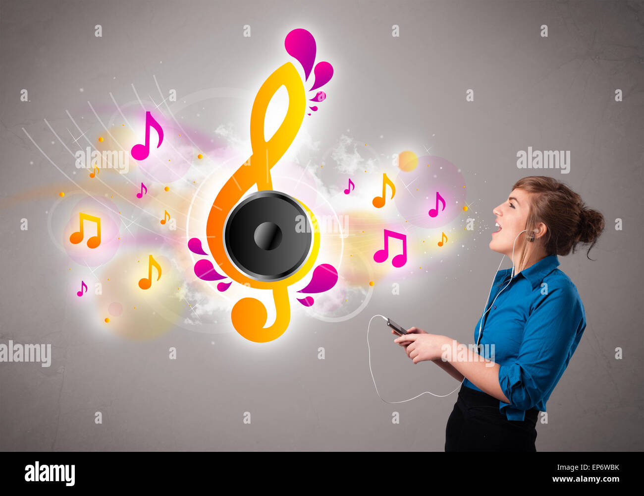 pretty girl singing and listening to music with musical notes Stock ...