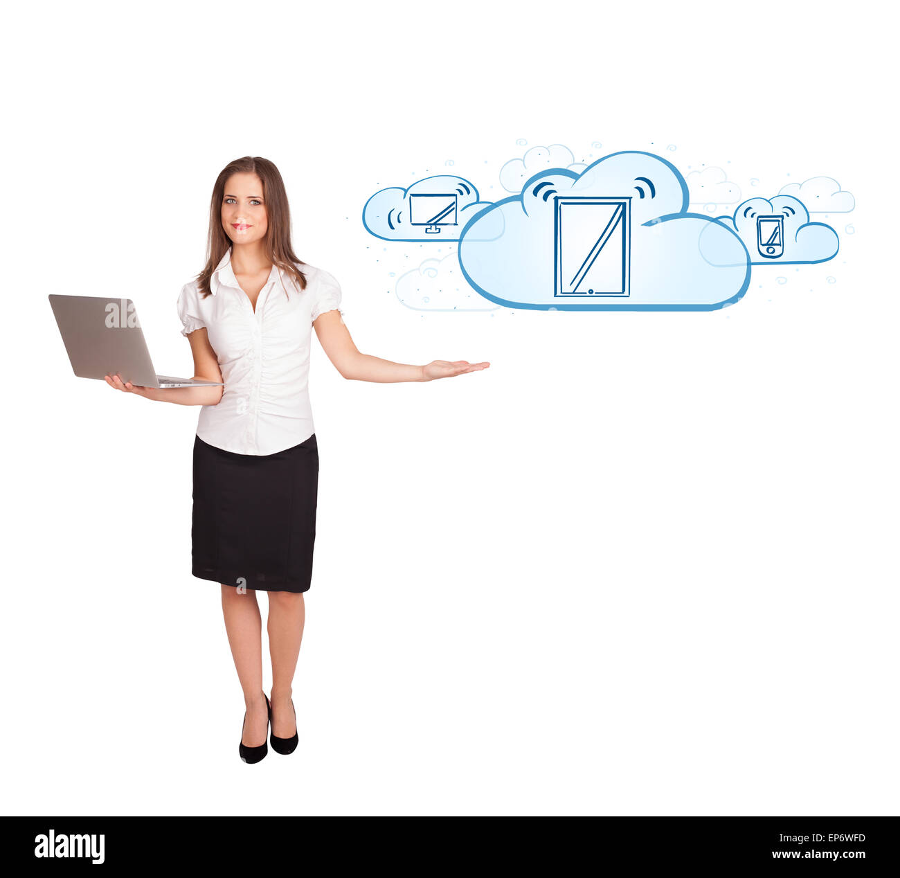 young woman presenting modern devices in clouds Stock Photo - Alamy