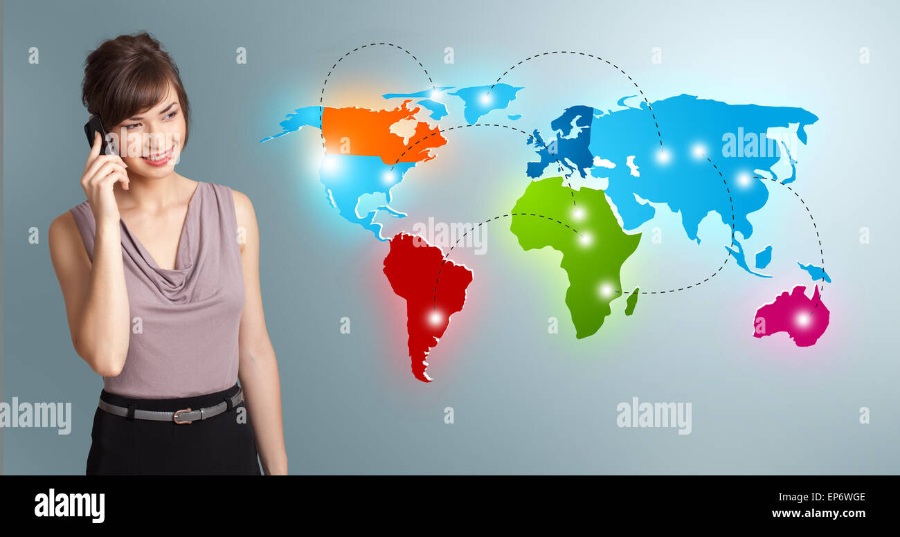 young woman making phone call with colorful world map Stock Photo - Alamy