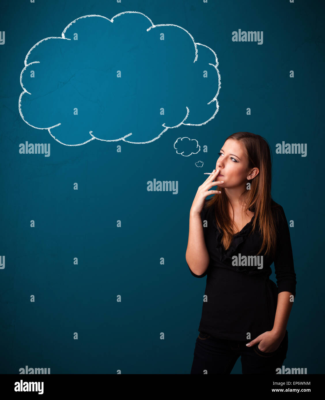 Beautiful lady smoking cigarette with idea cloud Stock Photo - Alamy