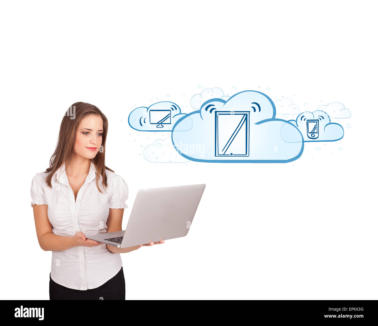 young woman presenting modern devices in clouds Stock Photo - Alamy