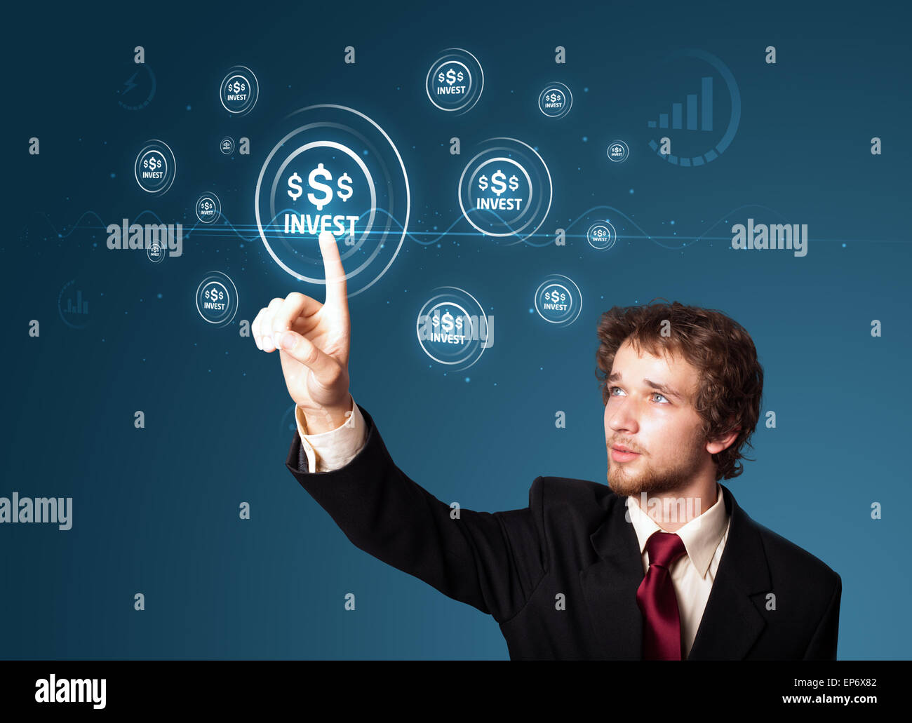 Businessman pressing modern business type of buttons Stock Photo - Alamy