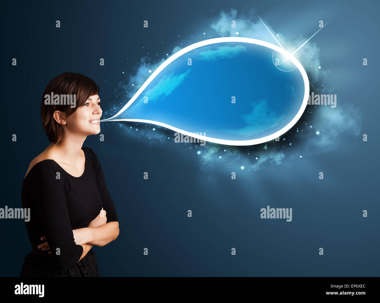 Young woman with modern speech bubble Stock Photo - Alamy
