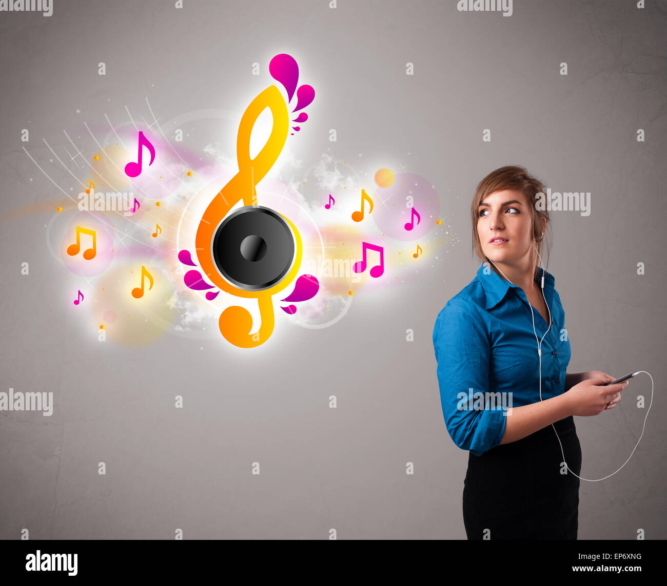 pretty girl singing and listening to music with musical notes Stock ...