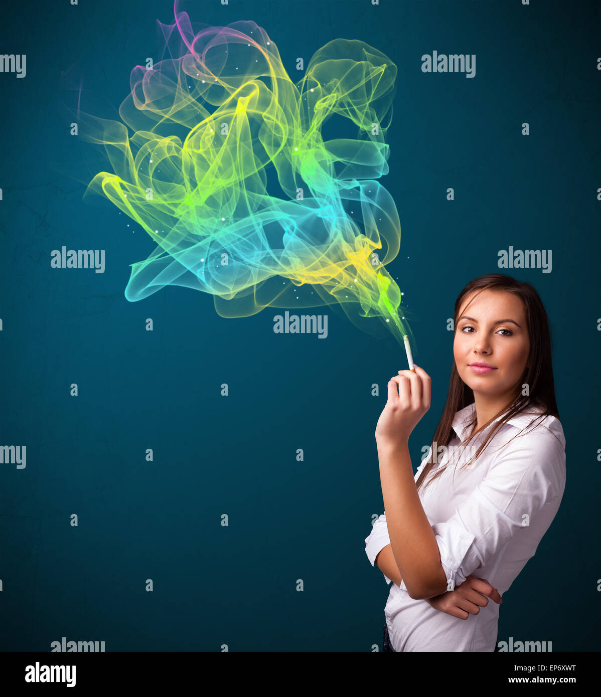 Pretty lady smoking cigarette with colorful smoke Stock Photo - Alamy