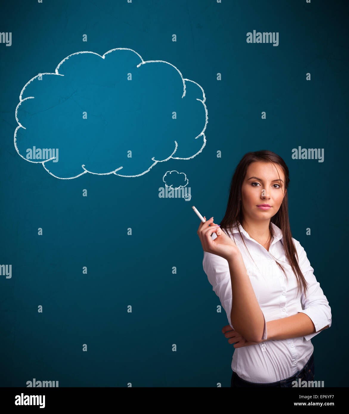 Beautiful lady smoking cigarette with idea cloud Stock Photo - Alamy