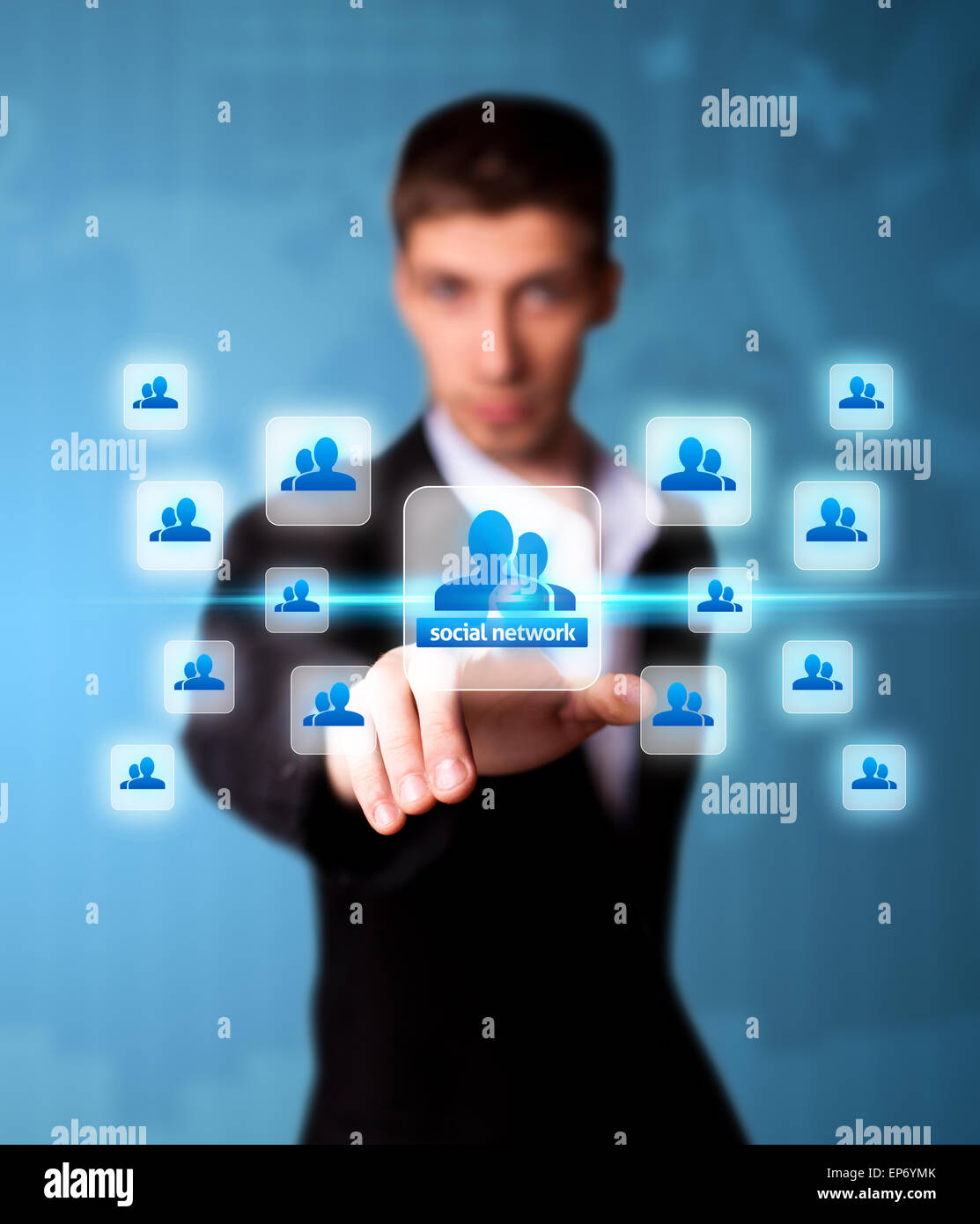 Man pressing social network icon Stock Photo - Alamy