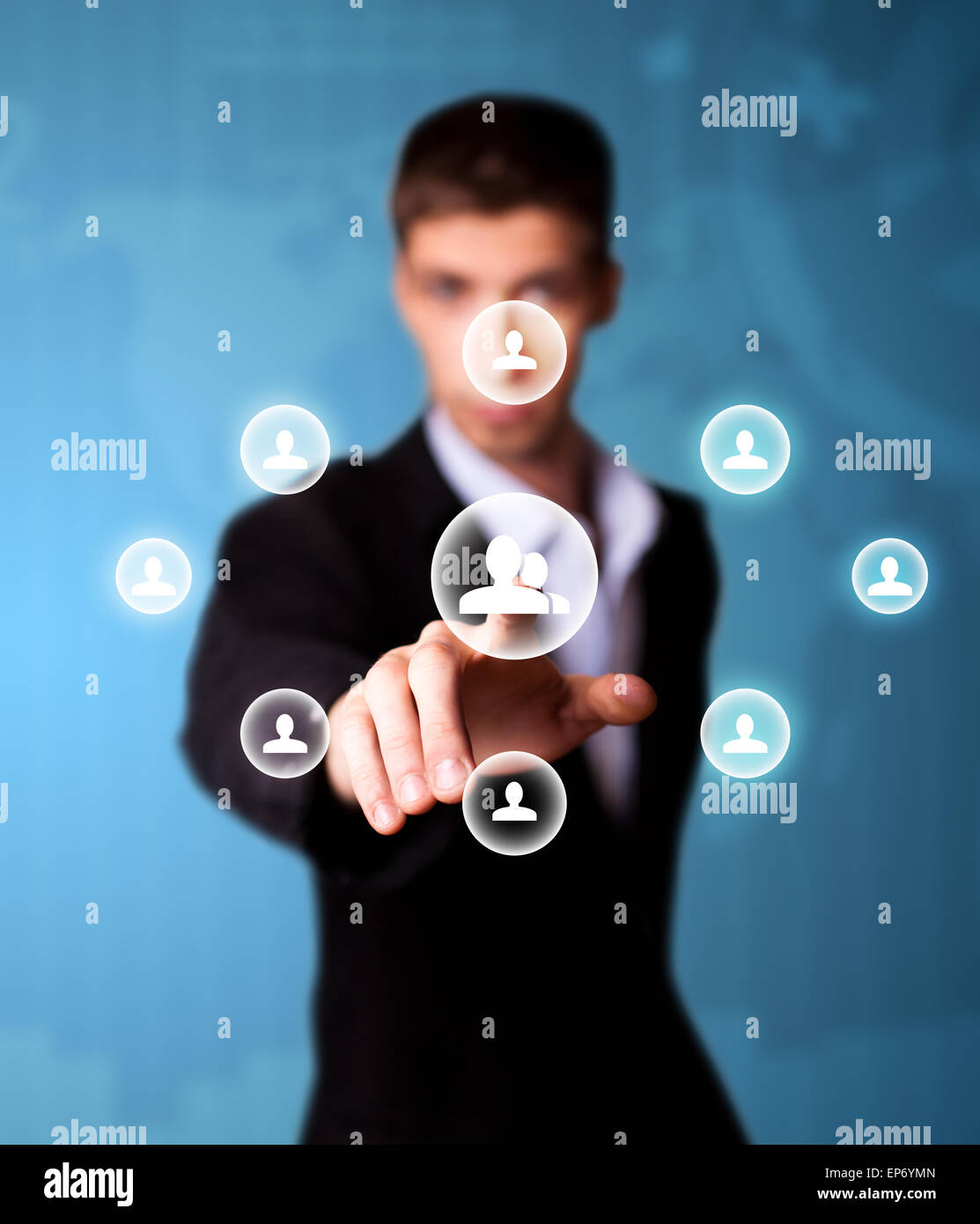 Man pressing social network icon Stock Photo - Alamy